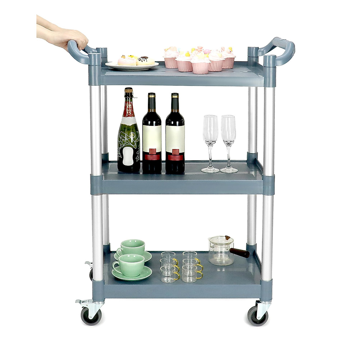 QWORK Plastic Utility Cart with Wheels Lockable, 3-Tier Rolling Push Cart Bus Cart for Restaurant, Kitchen, Gray