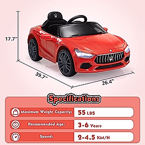 TOBBI Kids Ride on Car, 12V Licensed Maserati Ghibli, Electric Car for Boy Girl with Remote Control, 3 Speeds, Music, Bright Lights, MP3, USB, Electric Vehicle for Kids Ages 3-6 Years, Red