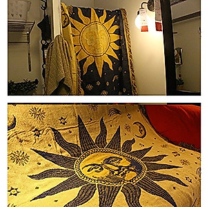 UNIGARDEN Moon and Sun Throw Blanket Multi-Function Double Sided Cotton Woven Couch Throws Tassels Blue Yellow 51"X71"