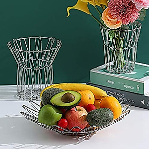 huaqinghua Fruit Basket, Decorative Bowl, Flexible Stainess Steel Wire Basket Transforming, Arts Storage or Holder Vegetable Bread Snacks for Counters, Kitchen, Living Room (1 PCS) Sliver