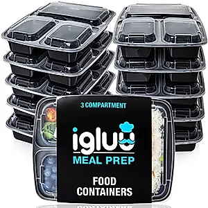 Igluu Meal Prep Containers [10 pack] 3 Compartment with Airtight Lids - Plastic Food Storage Bento Box - BPA Free - Reusable Lunch Boxes - Microwavable, Freezer and Dishwasher Safe (32 oz)