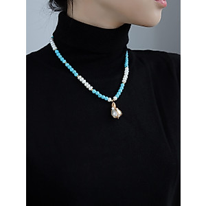 Cowlyn Baroque Pearl Pendant Necklace Turquoise Chain 18K Gold Plated Wire Winding Handmade Bohemian Style Adjustable Charm Fashion Valentine Jewelry for Women Mom