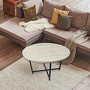 Round Coffee Table, Modern Small Coffee Table Sofa Table Tea Table for Living Room, Office Desk, Balcony, Wood Desktop and Metal Legs, 23.6inch White Oak