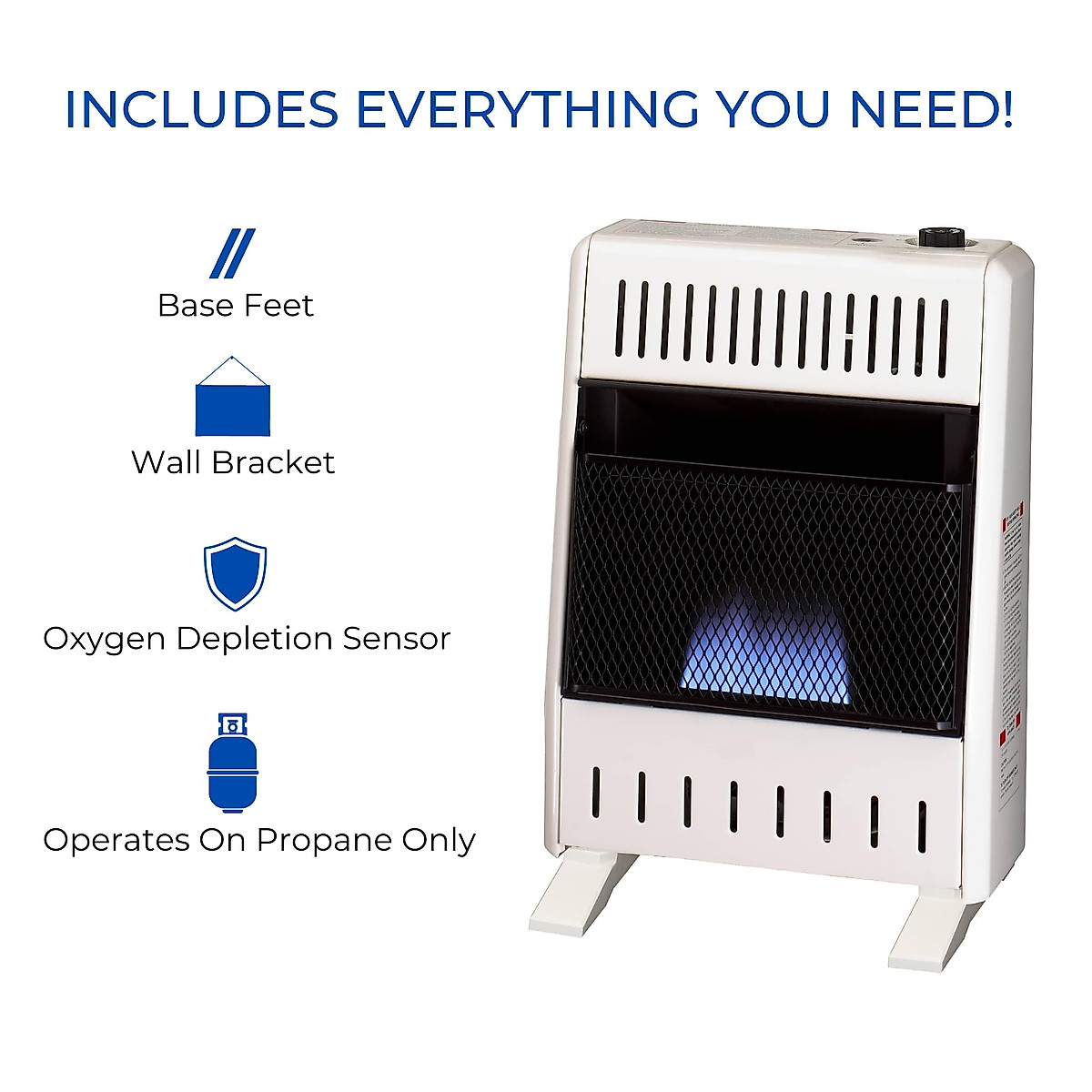 ProCom ML100TBA-B Ventless Propane Gas Blue Flame Space Heater with Thermostat Control for Home and Office Use, 10000 BTU, Heats Up to 500 Sq. Ft., Includes Wall Mount and Base Feet, White
