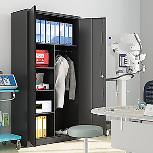 Yizosh Metal Armoire Wardrobe Closet Cabinet for Hanging Clothes with Lock Doors, -72" Steel Lockable Wardrobe Storage Locker Clothes Organizer for Bedroom, Laundry Room (Black)