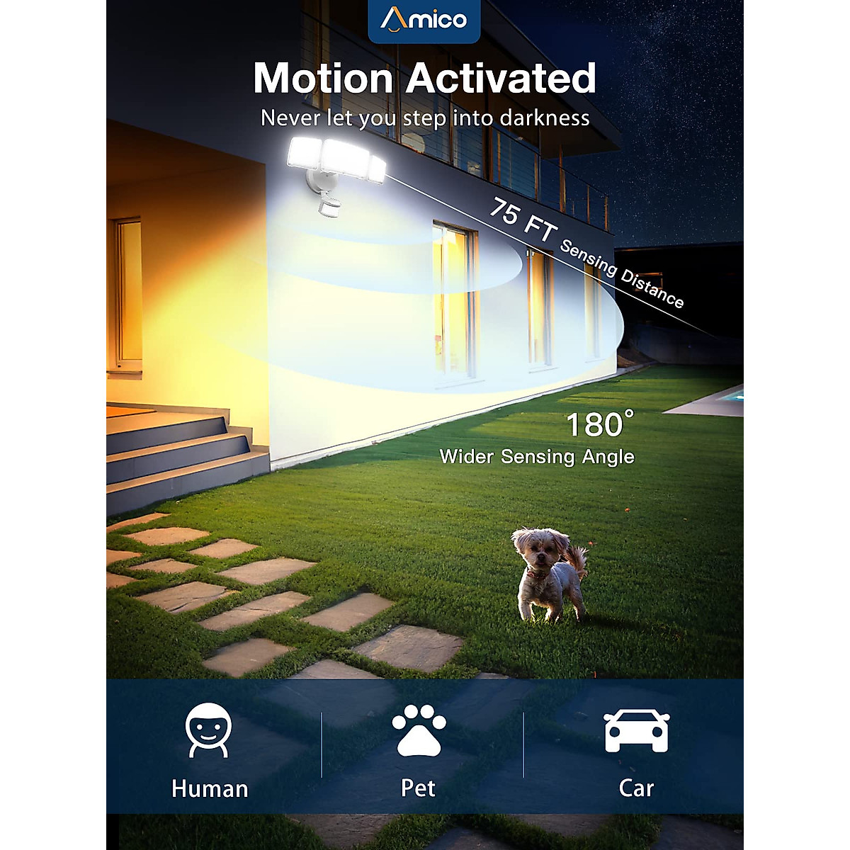 Amico 3 Head LED Security Lights with Motion Sensor, Adjustable Motion Detected Flood Light 40W 4000LM, 5000K, IP65 Waterproof, Outdoor Motion Sensor Light for Garage, Yard, Entryways(White)