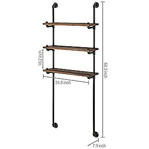 MyGift Wall Mounted Rustic Industrial Pipe Over-The-Toilet Storage Shelf with Burnt Solid Wood 3 Tier Display Shelves, Bathroom Shelf Rack