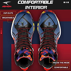 ASHION Kids Basketball Shoes Boys Girls High Top Sneakers Non Slip Running Shoes for Unisex Kids Camo Blue Red Big Kid Size 9.5