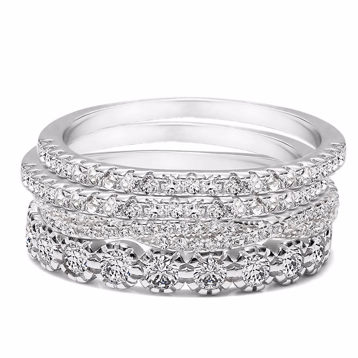 TwoBirch 18k White Gold Microplated 4 Piece Ring Set with Cubic Zirconia Stacking Ring Set (925 Silver, Sizes 9)