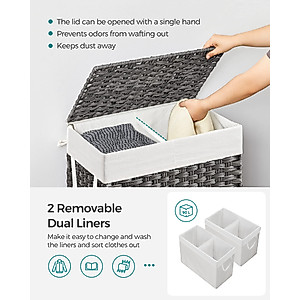 SONGMICS Laundry Hamper with Lid, 90L Clothes Hamper with 2 Removable Liner Bags, 6 Mesh Bags, Wicker Laundry Basket, Double Laundry Hamper for Bathroom, 13 x 18.1 x 23.6 Inches, Gray ULCB251G01V1