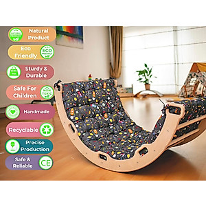 Montessori Wooden Climbing Frames | Indoor Wood Montessori Climbing Set with Ramp & Cushion| Montessori Rocker for Kids with Pillow | Montessori Playground Climbing Set with Rockwall Ramp (Space)