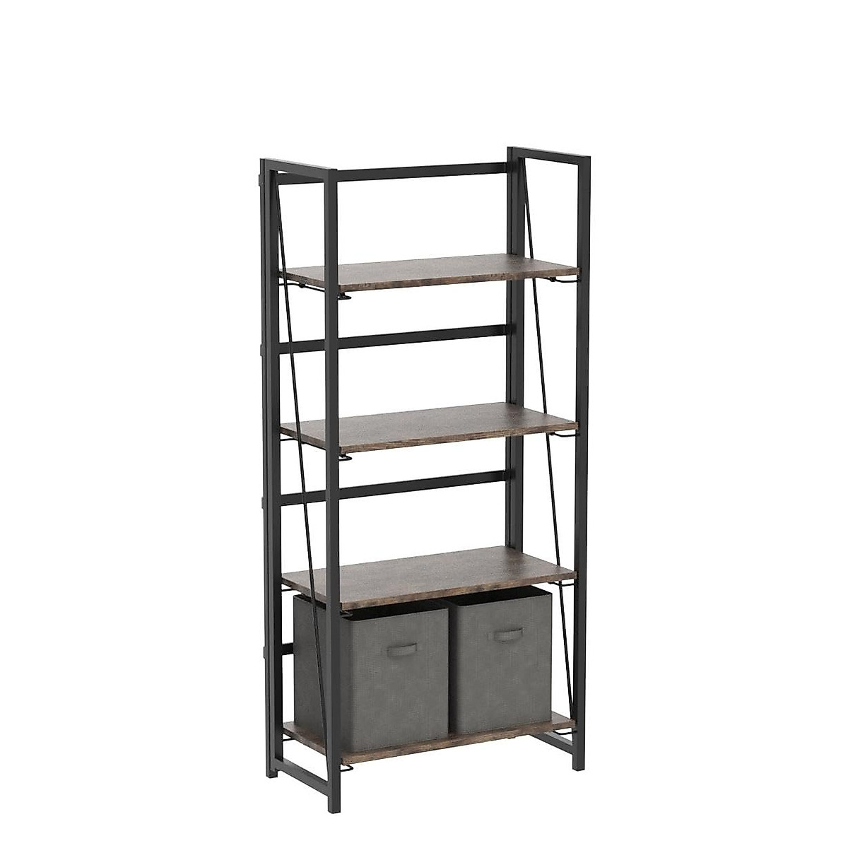4NM No-Assembly Folding Bookshelf Storage Shelves 4 Tiers Vintage Bookcase Standing Racks Study Organizer Home Office (Rustic Brown and Black)