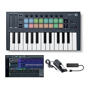 Novation FLkey Mini 25-Key MIDI Keyboard Controller Bundle for FL Studio with 20 Producer Edition (Boxed), Keyboard Piano Style Sustain Pedal (Black) and 4-Port USB 3.0 Hub (4 Items)