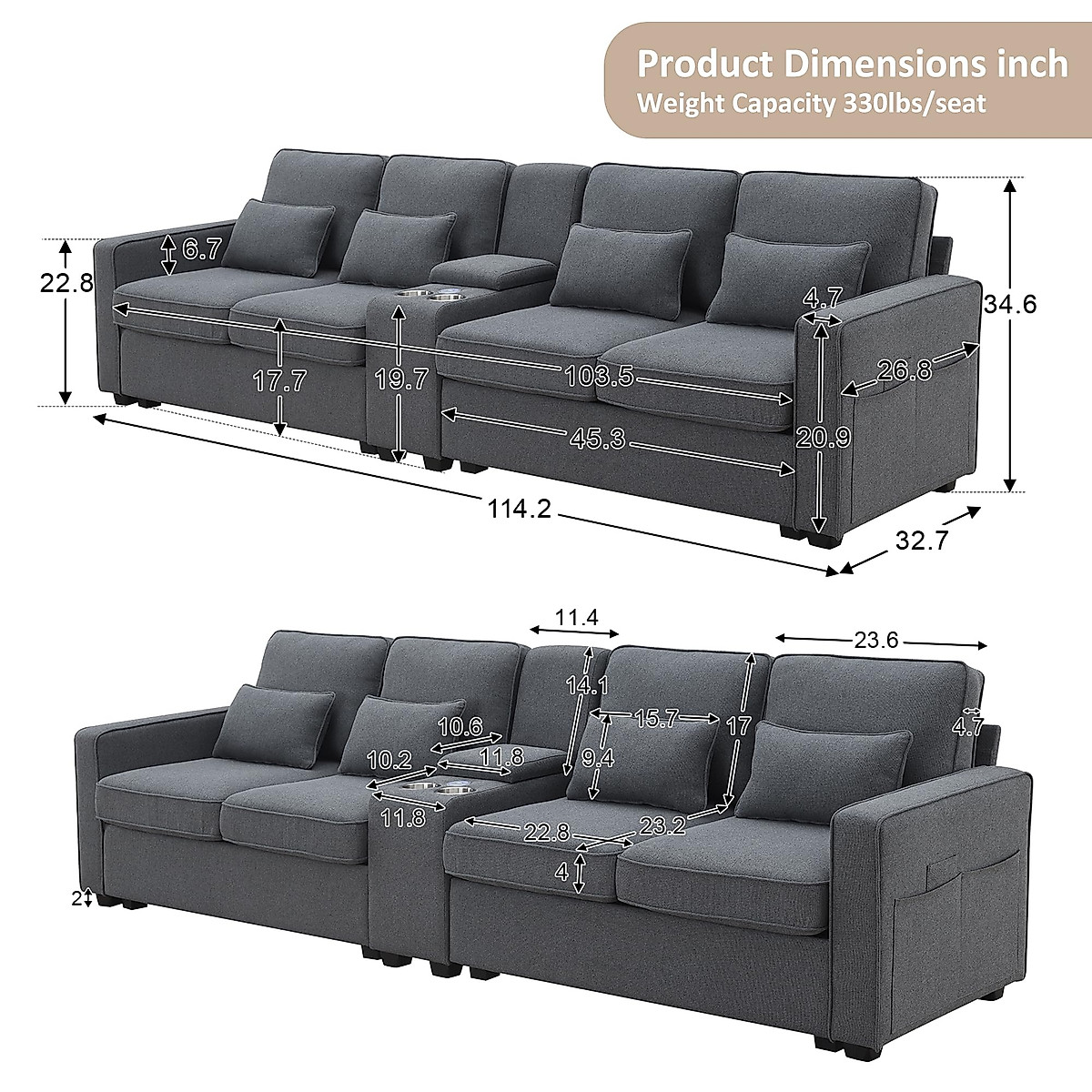 Tmsan 114.2" Modular Sectional Sofa Couch for Living Room Apartment, Modern Linen Upholstered Couch with 2 Cup Holders & 2 USB Charging Ports & 4 Pillows & 3 Storage Pockets, 4-Seat (Dark Grey)