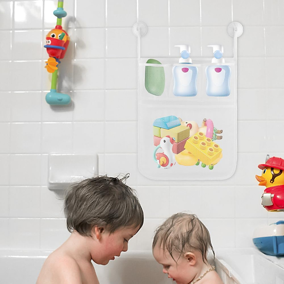 Jaeskeclip 2pcs Bath Toy Storage,Bath Toy Holder,Bath Tub Toy Holder Net With Pockets, Shower Caddy Holds Kids Toys, Soap, Or Shampoo, Hooks Included, White