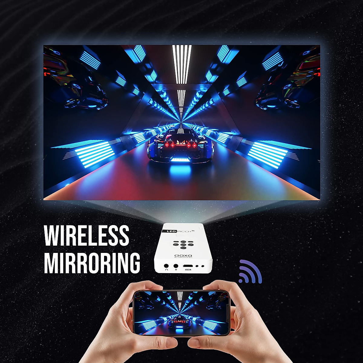 AAXA LED Pico+ Mini Projector with 2 Hour Battery, Wireless Mirroring, Mini-HDMI, Onboard Media Player & Speakers, 3.5mm Aux Out, Micro SD/USB Readers, Pocket Size Portable Movie Projector