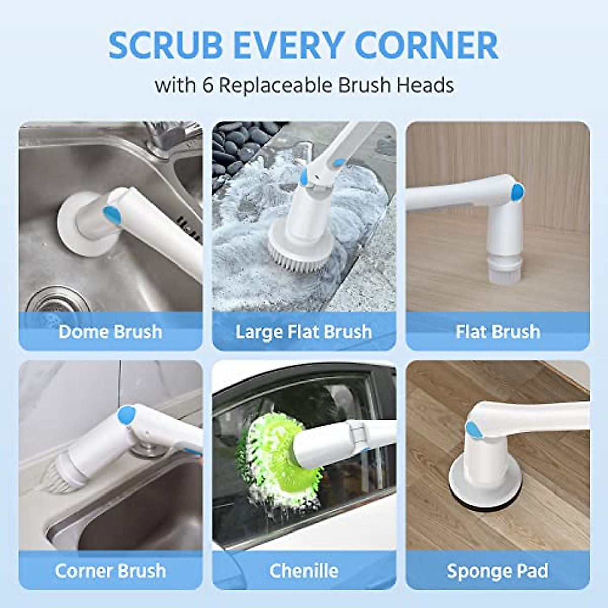 Electric Spin Scrubber, AKKTOL Cordless Cleaning Brush Up to 300RPM, 6 Replaceable Waterproof Brush Heads and Extension Arm, 1.5H Runtime Power Shower Scrubber for Bathroom, Tub, Tile, Floor, Wall