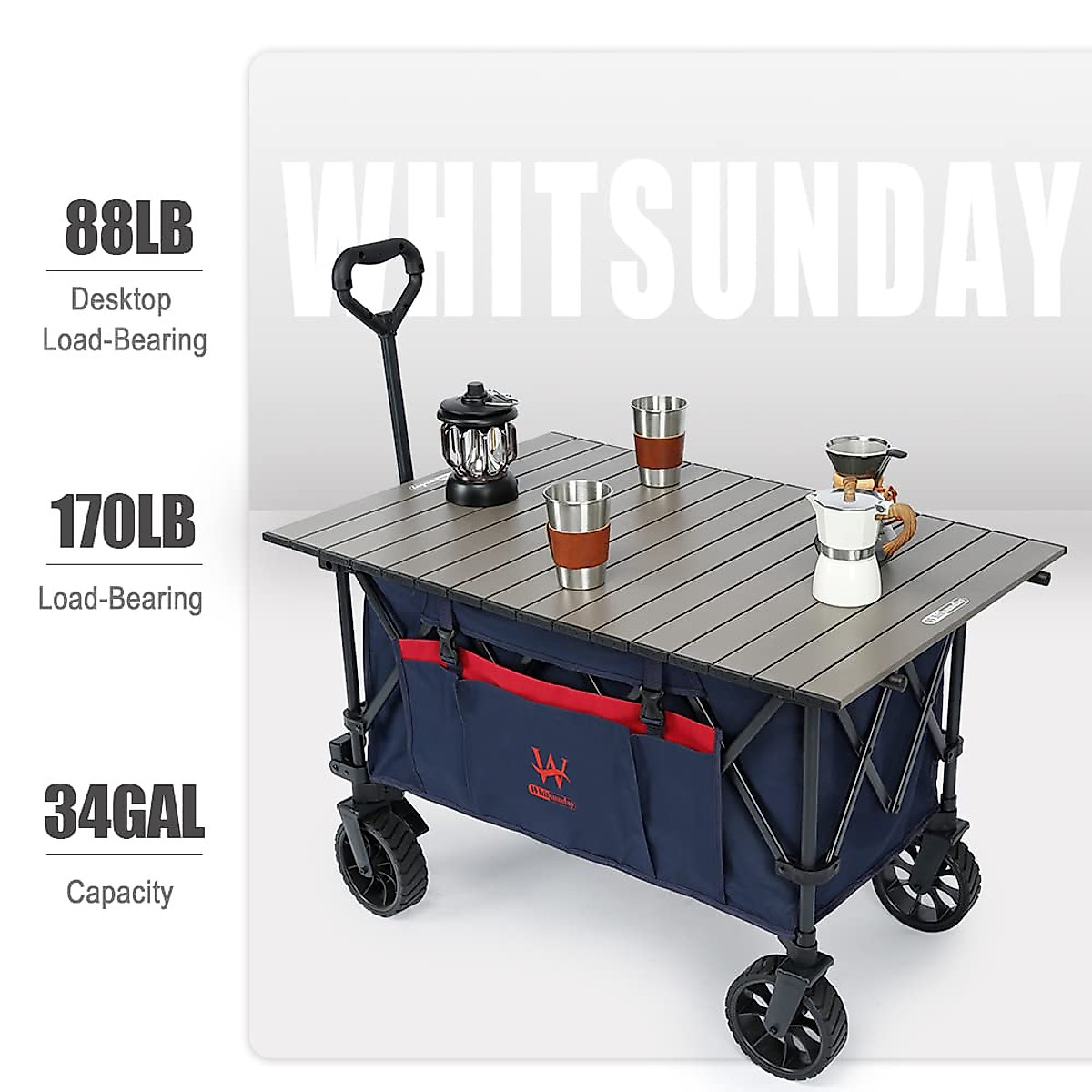 Folding Collapsible Wagon +Folding Stools*2, Utility Camping Park Wagon Cart with Aluminum Table Plate, Utility Camping Park Wagon Cart with Aluminum Table Plate