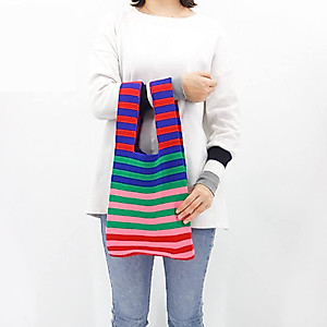 Dvagoent Rainbow Tote Bag for Girls, Striped Tote Bag for Women, Knitted Tote Bag, Shoulder Bags Tote, Armpit Bags Women Fashion (Blue Red Green)
