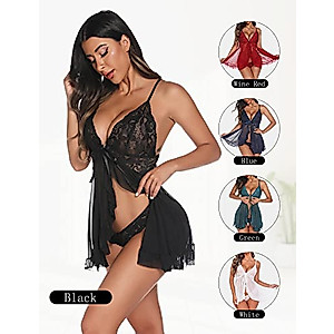 Queenfox Lingerie for Women Front Closure Babydoll Lace Chemise V Neck Ruffle Nightgown Sleepwear Black