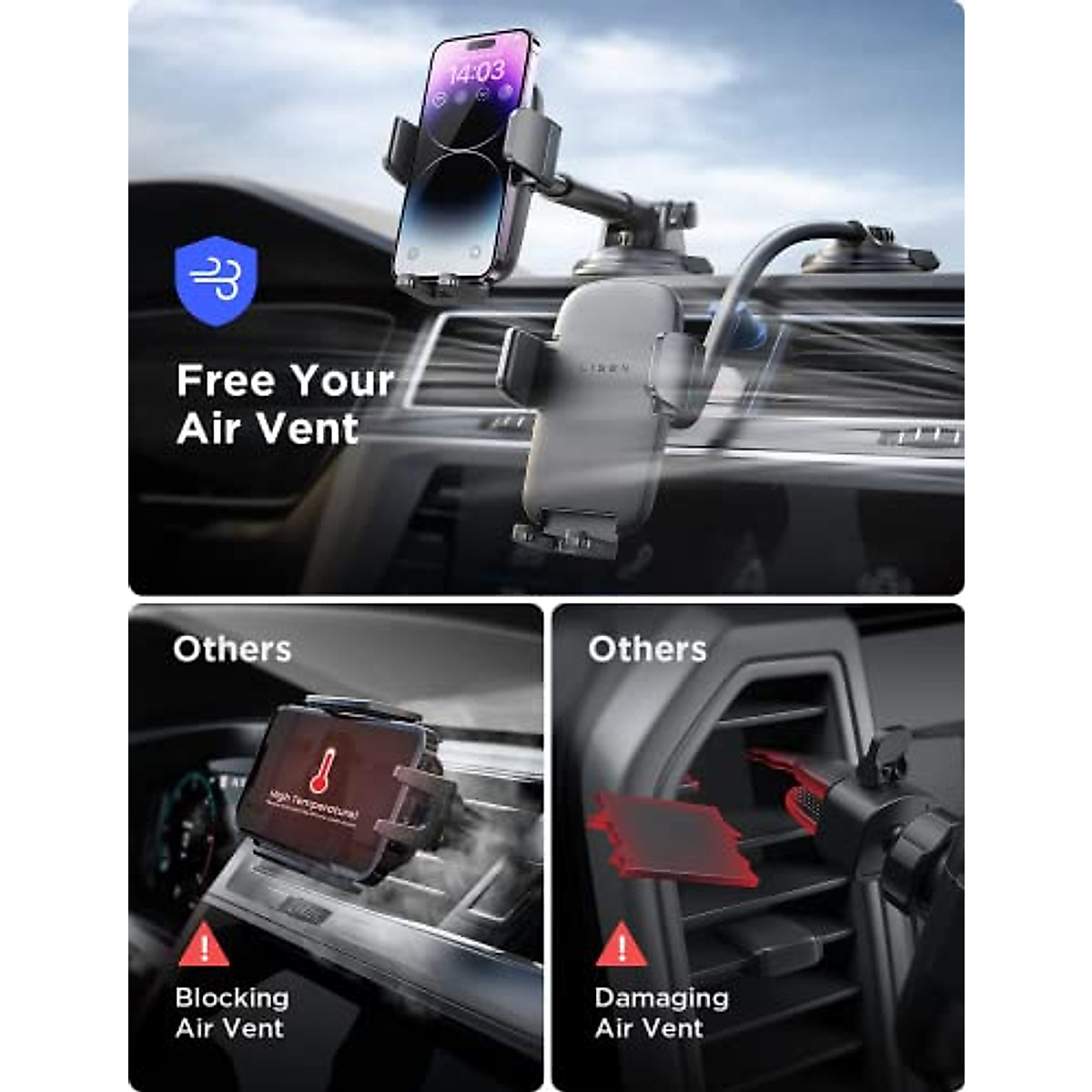 LISEN Phone Holder for Car [Anti-Slip & Anti-Scratch] Universal Long Arm Car Phone Holder Mount Dashboard Windshield Strong Suction Car Phone Holder Mount for iPhone 14 13 Pro S22 S21 & All