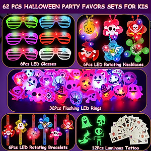 62 PCS Halloween Party Favors for Kids, Halloween Glow in the Dark Toys Rotating LED Necklaces Bracelets Flash Rings Goodie Bag Fillers for Halloween Party Classroom Prizes Trick or Treats Gifts