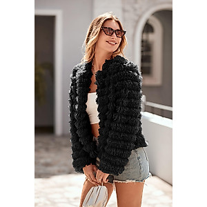 PRETTYGARDEN Womens 2024 Winter Coats Fashion Faux Fur Long Sleeve Fleece Shaggy Lightweight Fall Cropped Jacket Outerwear (Black,Medium)