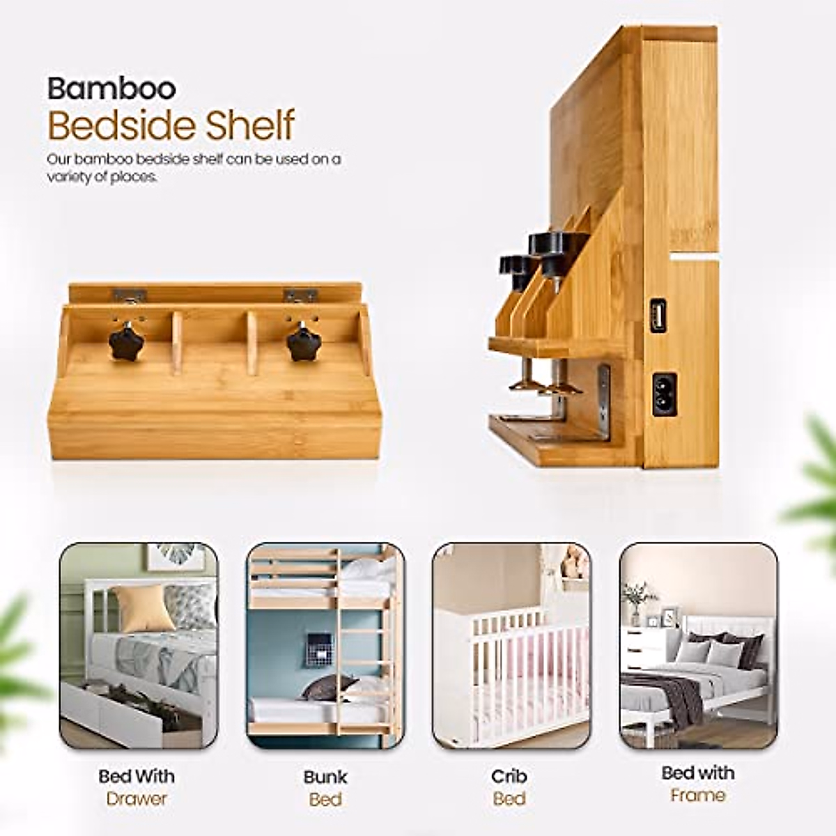 House Ur Home Bamboo Bedside Shelf for Bed, Dorm Bed Shelf fits a Laptop, Books, and Drink, Removeable Bedside Tray with USB Ports to Charge Devices, Versatile bunk Bed Shelf for Small Spaces & loft