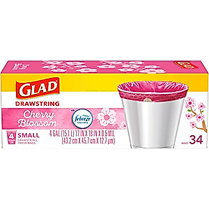 Glad OdorShield Small Drawstring Trash Bags, 4 Gallon Trash Bag, Febreze Cherry Blossom, 34 Count (Package May Vary)