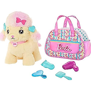 Barbie Stuffed Animals, Hairdresser Poodle with Themed Purse Playset and 6 Accessories, Plush with Lights and Sounds, Salon Pet Adventure