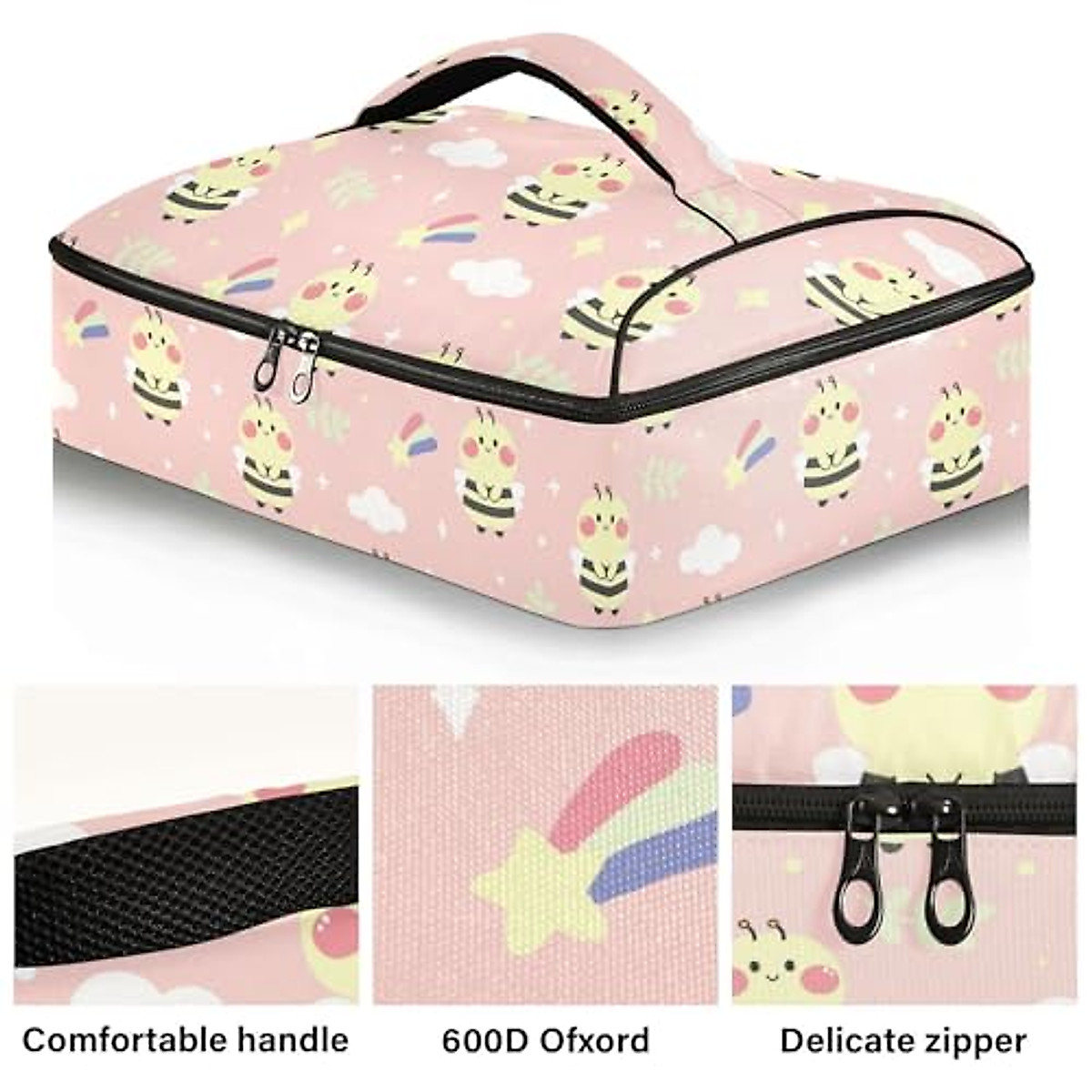 Kcldeci Insulated Thermal Food Carrier Insulated Casserole Carrier for Hot or Cold Food,Cute Bee on Pink Insulated Tote Bag for Potluck Cookouts Parties Picnic,Lasagna Lugger
