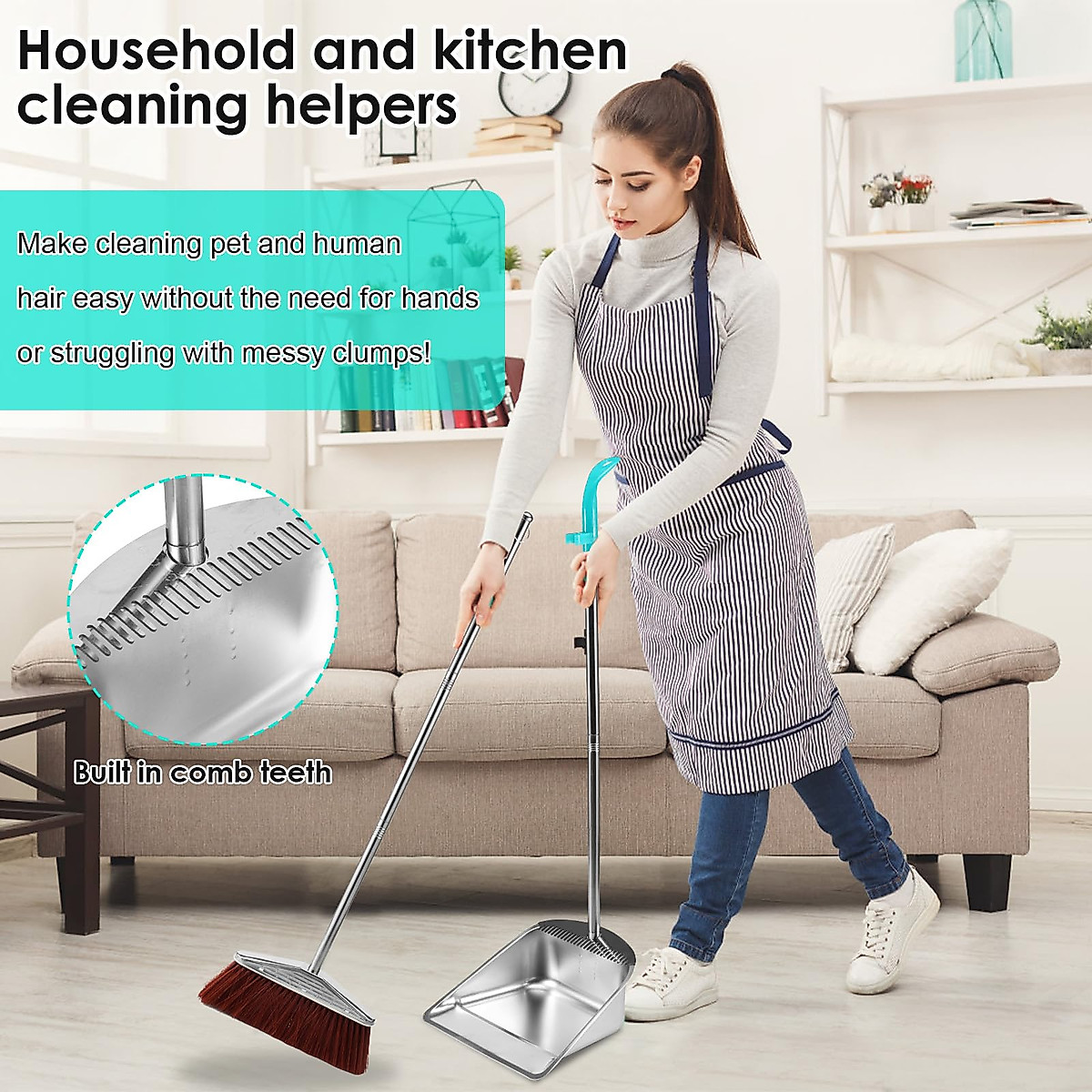 Broom and Dustpan Set Stainless Steel with Long Handle,Heavy Duty Dustpan Broom Set Upright Standing Dust Pan Kitchen Brooms, for Sweeping Kitchen Room Office Lobby Floor