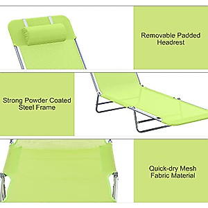 Outsunny Folding Chaise Lounge Pool Chairs, Outdoor Sun Tanning Chairs with Pillow, Reclining Back, Steel Frame & Breathable Mesh for Beach, Yard, Patio, Green