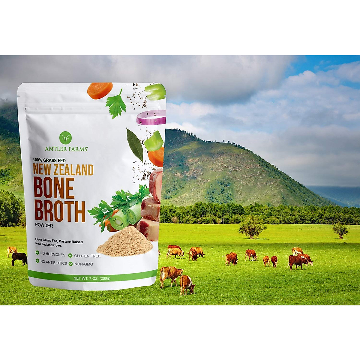Antler Farms - 100% Grass Fed New Zealand Bone Broth Powder, 40 servings, 200g - Slow Cooked, Gently Dried, Light Flavor, No Hormones, No Antibiotics, No GMOs