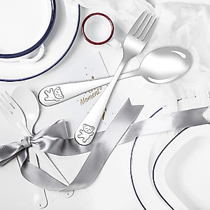 6 Pieces Stainless Steel Kids Flatware, Mirror Polished Child Toddler Silverware Little Bear Spoon and Fork Set, 3 x Safe Forks,3 x Children Tablespoons for Lunch Box
