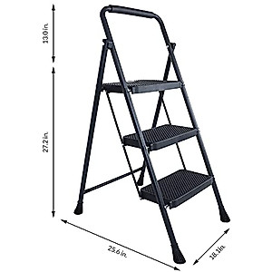Elevon Folding Step Stool with Wide Anti-Slip Pedal, ​330​lbs Sturdy Steel Ladder, 3-Step