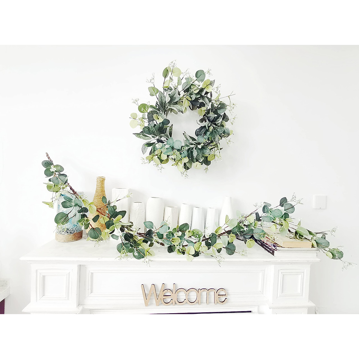 60 Inch Spring Artificial Eucalyptus Garland Hanging Greenery Silver Dollars Foliage Vine Vines for Home Garden Outdoor Wedding Backdrop Arch Wall Decor
