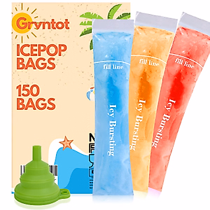 150 Disposable Ice Popsicle Mold Bags (8x2") for DIY Natural Fruit Snacks, Juice & Smoothies, Ice Pops Molds | BPA-Free, Zip Seals, Funnel Included