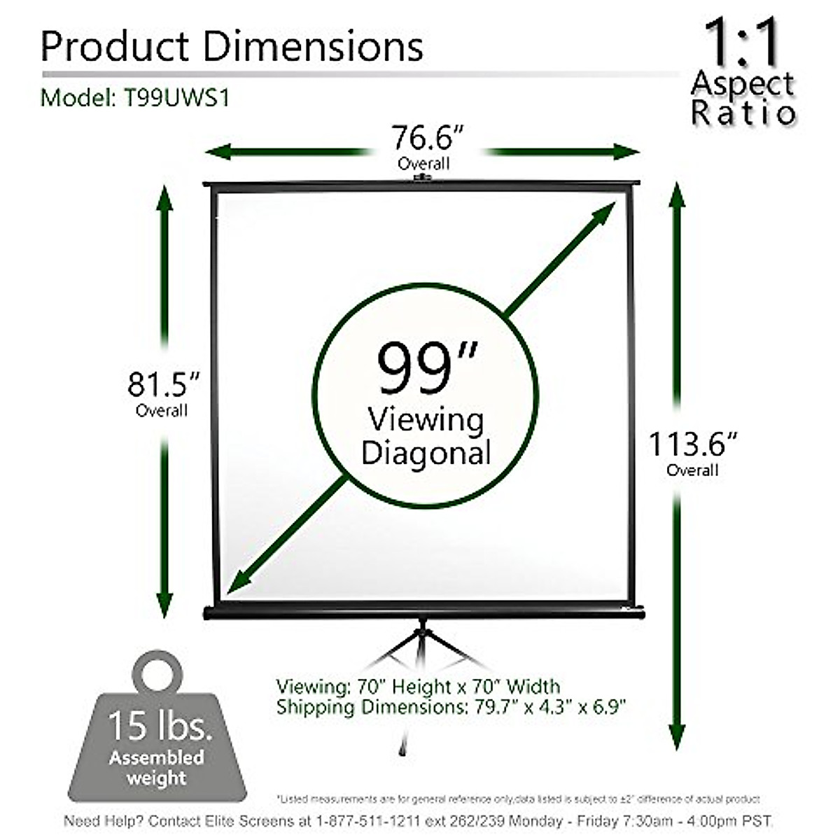 Elite Screens Tripod Series, 99-INCH 1:1, 16:9, 4:3, Adjustable Multi Aspect Ratio Portable Indoor Outdoor Projector Screen, 8K / 4K Ultra HD 3D Ready, US Based Company 2-YEAR WARRANTY, T99UWS1 - Black