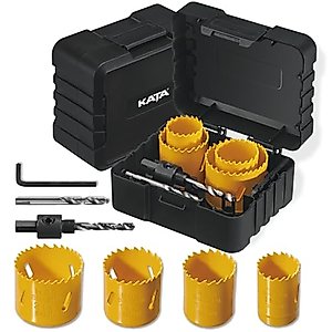 KATA Bi-Metal Hole Saw Kit, 7-Piece Metal Hole Saw Set with 1-1/4" to 2-1/8"(32-38-44-54mm) Hole Drill Cutter with Mandrels, Drill Bit, Hex Key for Metal, Wood, PVC, Plastic