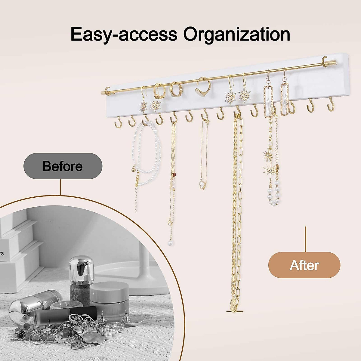 SCUNDA Wall Jewelry Holder Organizer, Adhesive Jewelry Organizer Wall Mount, Space-saving Jewelry Rack with 14 Hooks and Holder, Wooden Jewelry Shelf for Necklace, Earing, Ring, Bracelet(White)