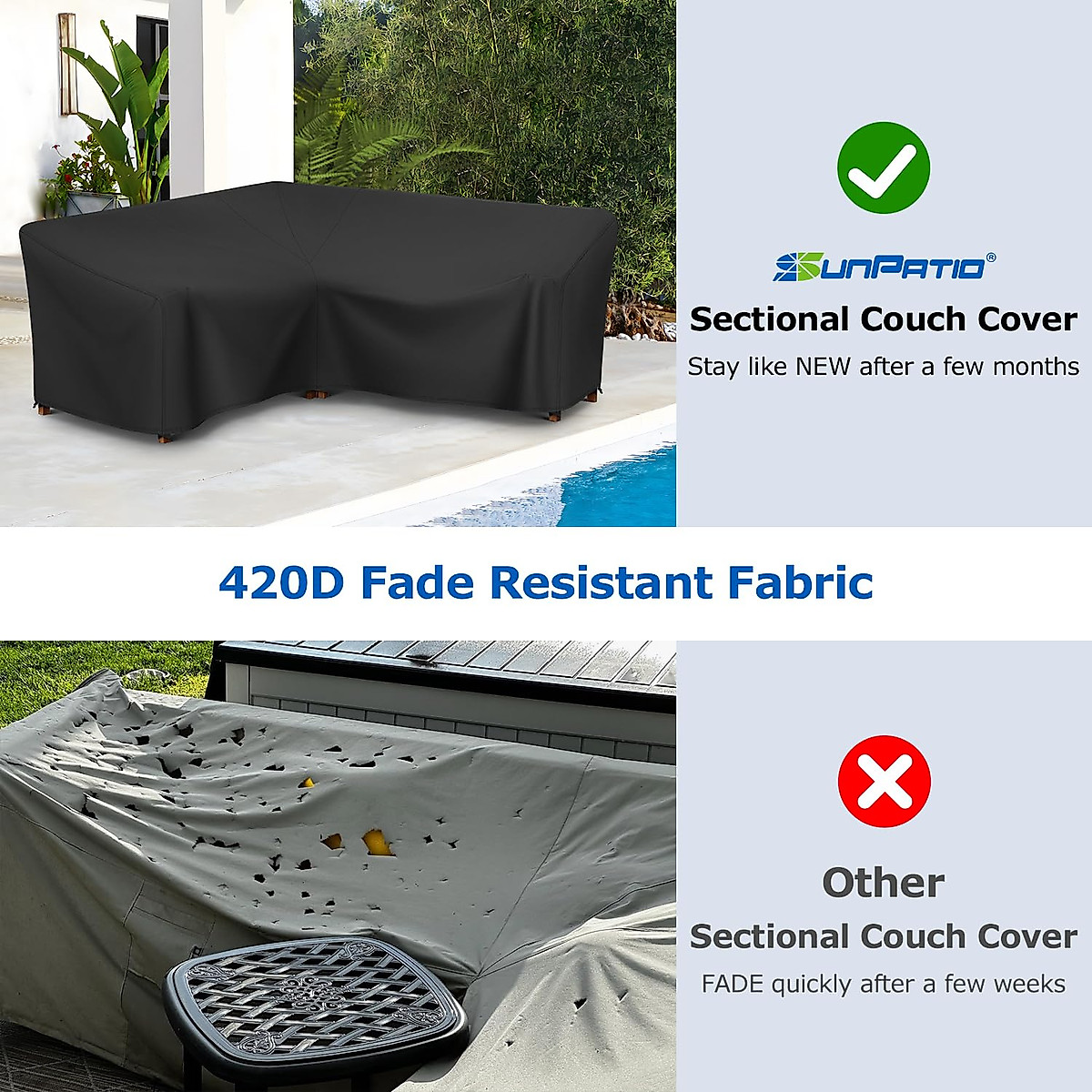 SunPatio Outdoor Sectional Sofa Cover, Patio Furniture Covers 420D Waterproof Couch Cover V-Shaped Cover for Sofa UV Resistant Windproof,All Weather Protection 100" W (on Each Side) Black