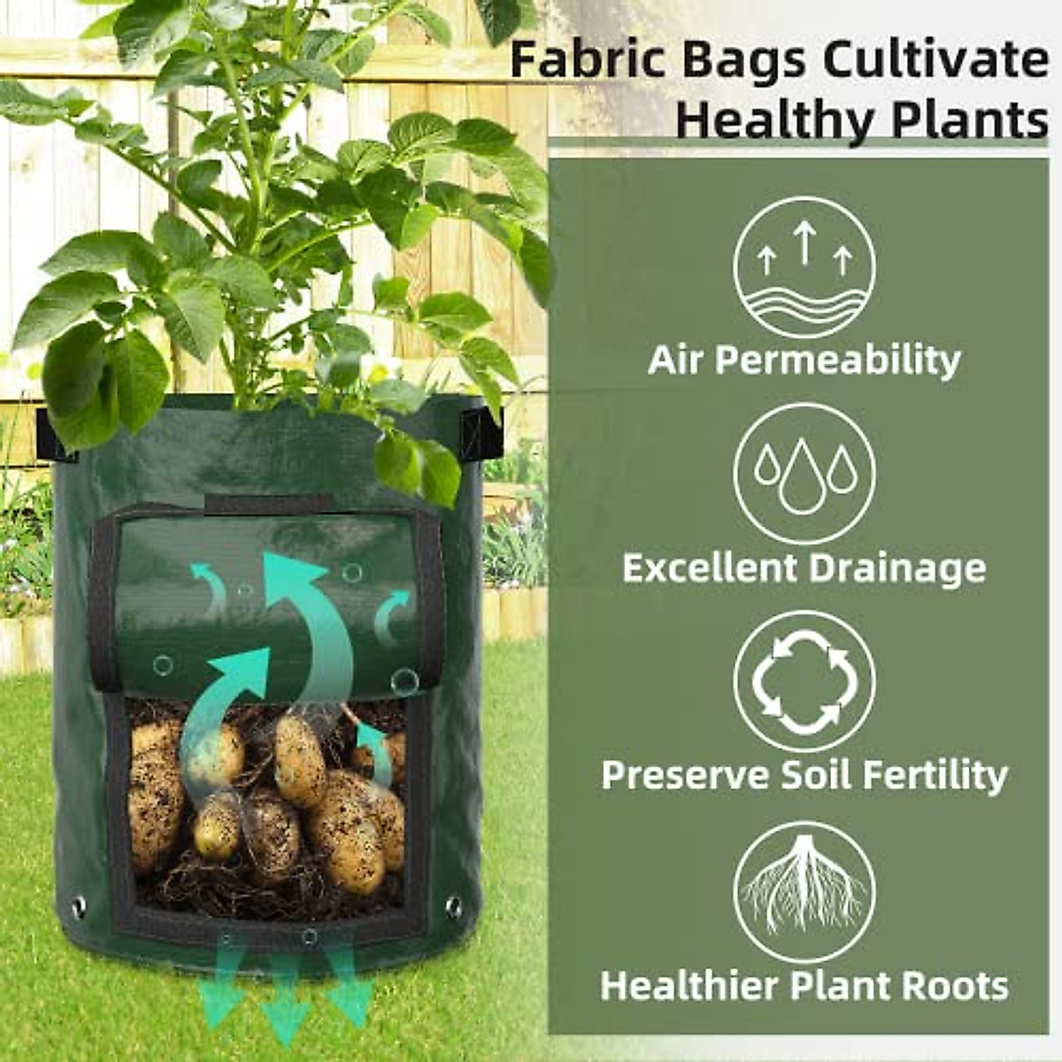 GreatBuddy 10 Gallon Potato Grow Bags 6-Pack, Thick PE Fabric Pots for Plants, Harvest Windows & Sturdy Handles, Labels Included, Green