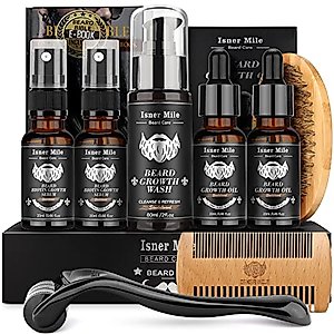 Beard Growth Kit, Beard Kit with Beard Roller, 2 Pack Beard Growth Oil & Growth Serum Spray, Beard Growth Wash, Beard Brush,Beard Comb, Stocking Stuffers Fathers Gifts for Men Dad Boyfriend