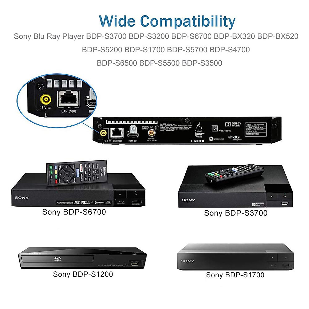 Universal 12V Power Cord for Sony Blu-Ray DVD Player,AC Adapter for Sony BDP-S5200 BDP-S3200 BDP-S6700 BDP-S3500 BDP-S5700 Blu-Ray DVD Player.Replacement for Sony AC-M1208/M1210/M1215UC AC Adapter
