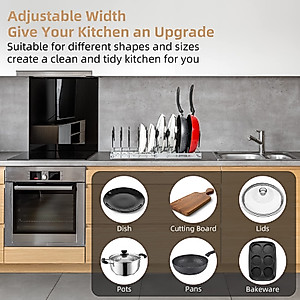 Expandable Pot and Pan Organizers Rack, 10+ Pans and Pots Lid Organizer Rack Holder Fit for Kitchen Cabinet Bakeware Organizer Rack Holder with 10 Adjustable Compartments