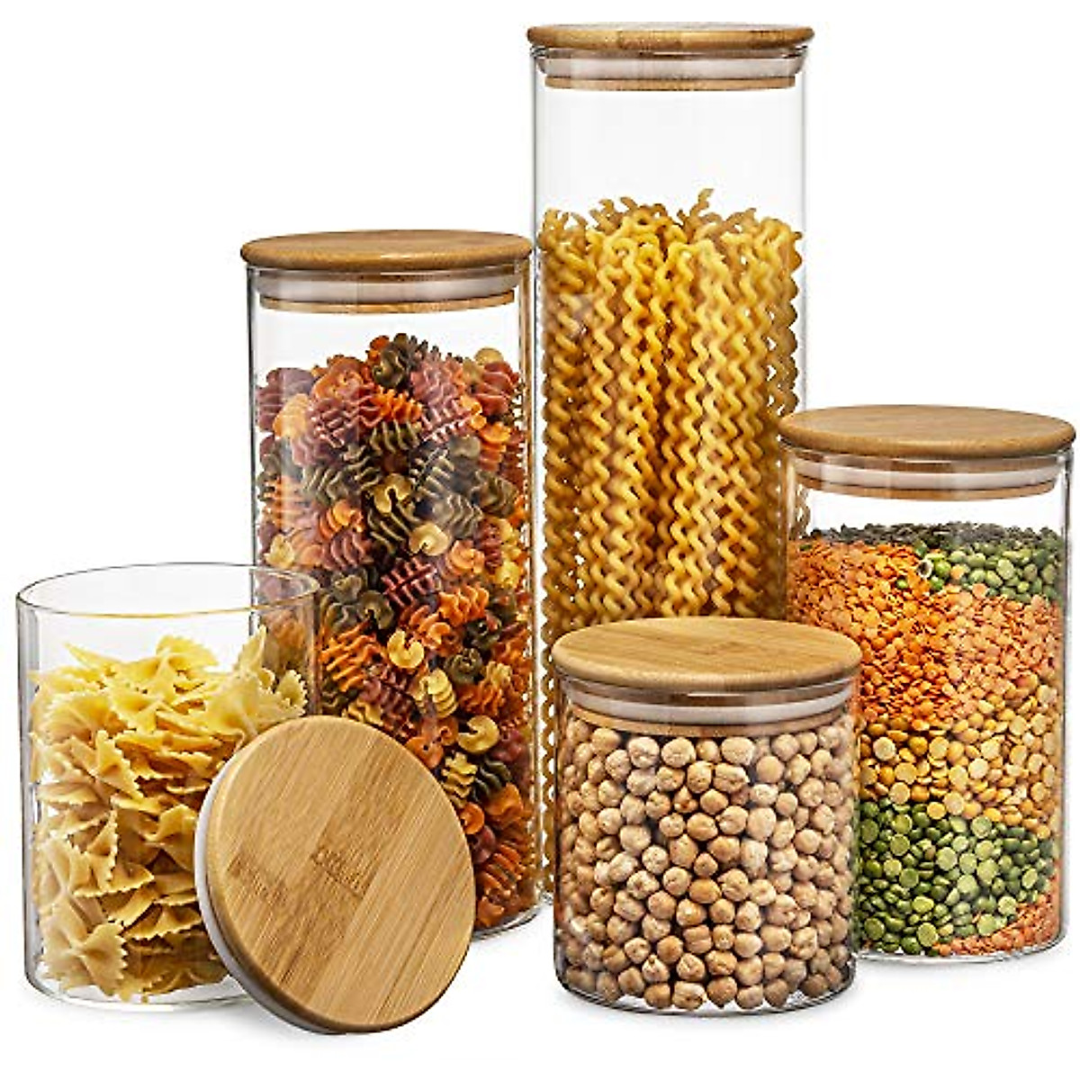Sugar Packet holder Canister Set of 5, Glass Kitchen Canisters with Airtight Bamboo Lid, Glass Storage Jars for Kitchen, Bathroom and Pantry Organization Ideal for Flour, Sugar, Coffee, Cookie Jar, Candy, Snack and More