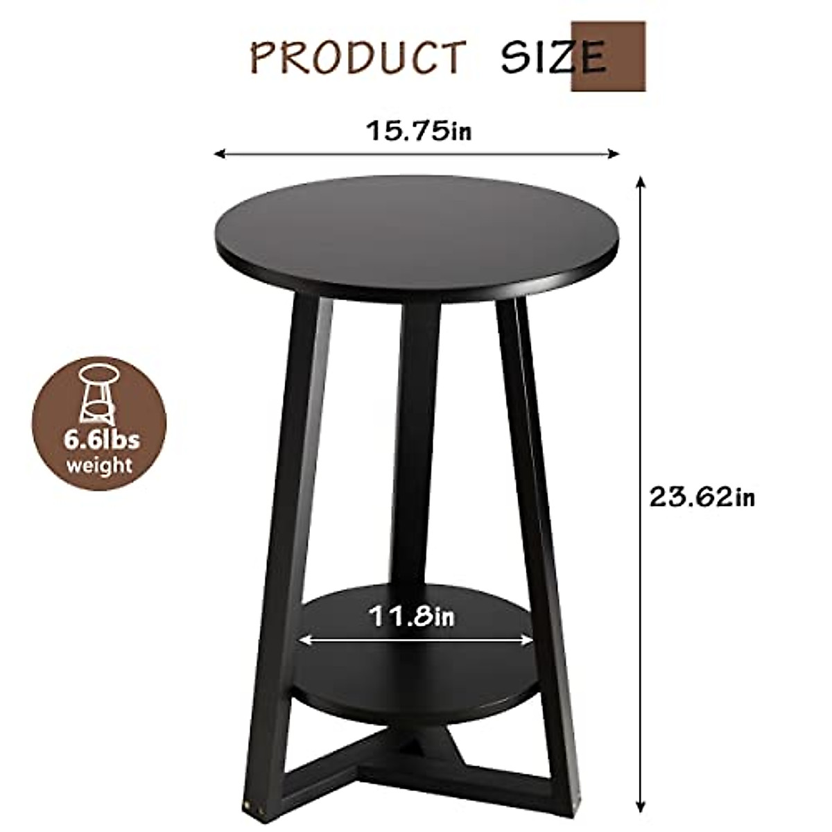 TINSAWOOD Black Side Table, Two-Tier Round End Table, Modern Small Side Table Living Room, Bedroom & Balcony, Black End Table with Storage Shelf with Solid Wooden Legs