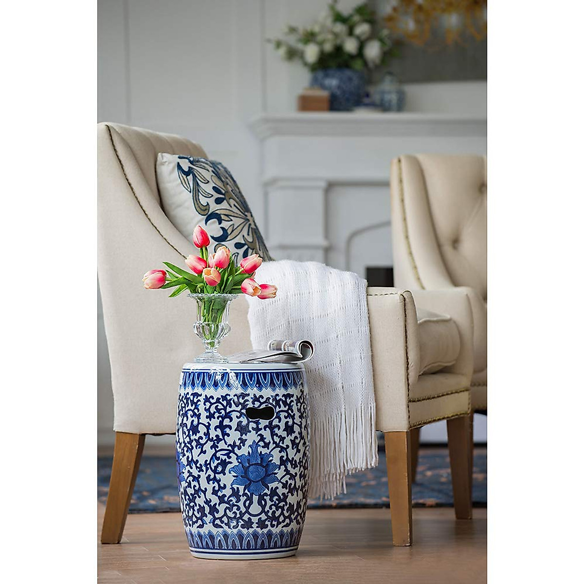 A & B Home Blue and White Asian Style Stool Indoor Multi Purpose Versatile Design Sturdy Glazed Porcelain Finish 11" x 11" x 16"