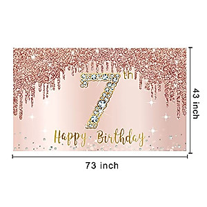 Happy 7th Birthday Banner Backdrop Decorations for Girls, Rose Gold 7 Year Old Birthday Party Sign Supplies, Pink Seventh Birthday Poster Background Photo Booth Props Decor